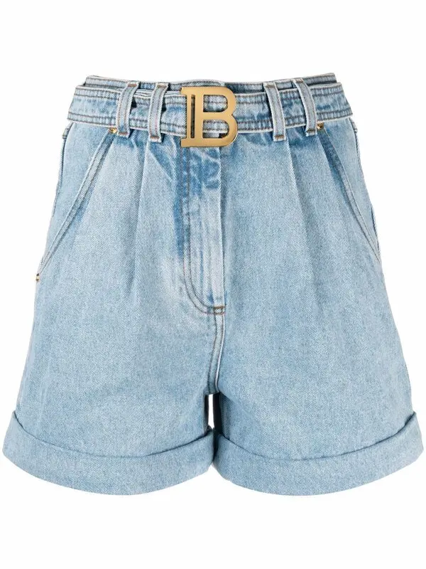 Balmain Belted High-waisted Pleated Denim Shorts