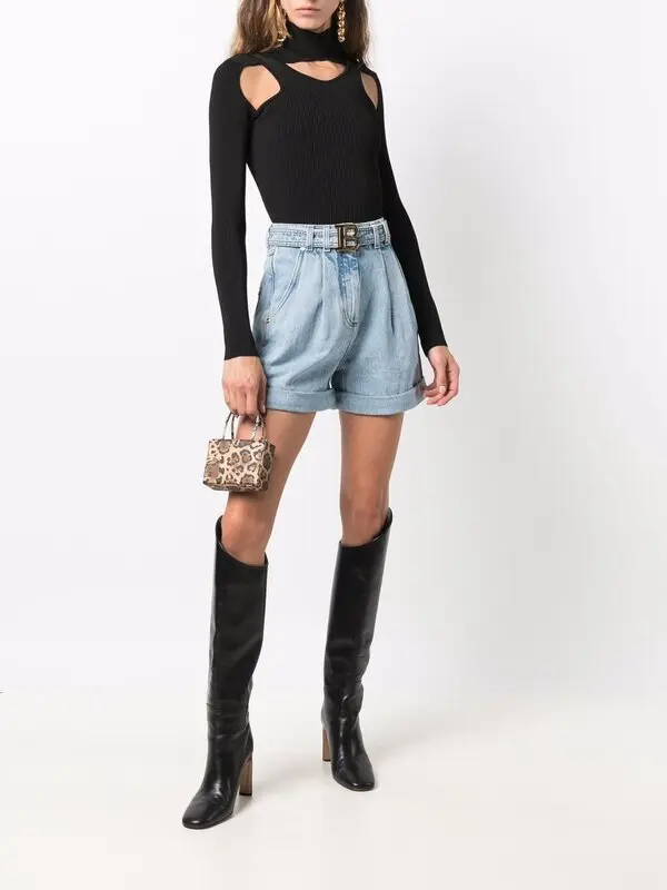 Balmain Belted High-waisted Pleated Denim Shorts