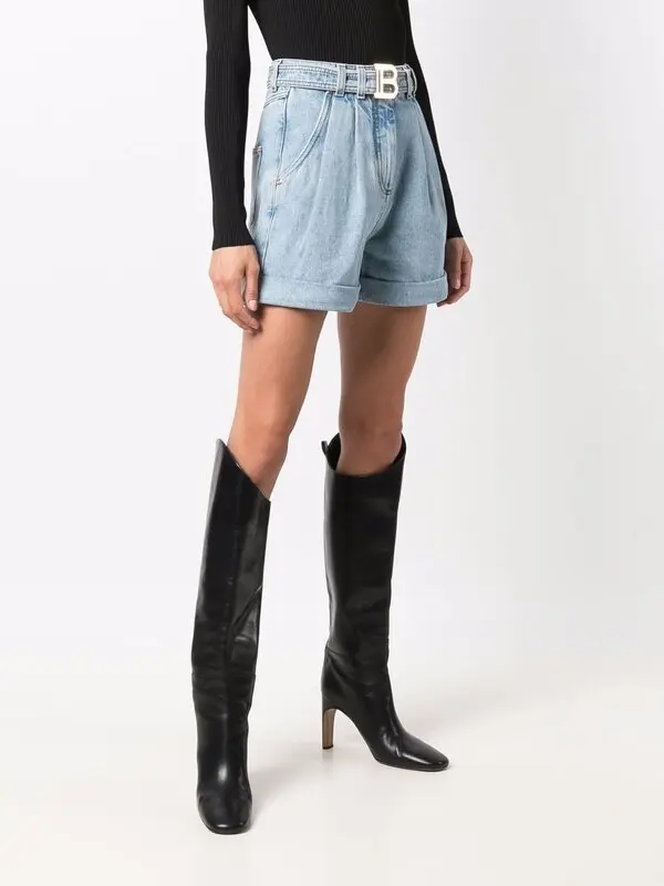 Balmain Belted High-waisted Pleated Denim Shorts