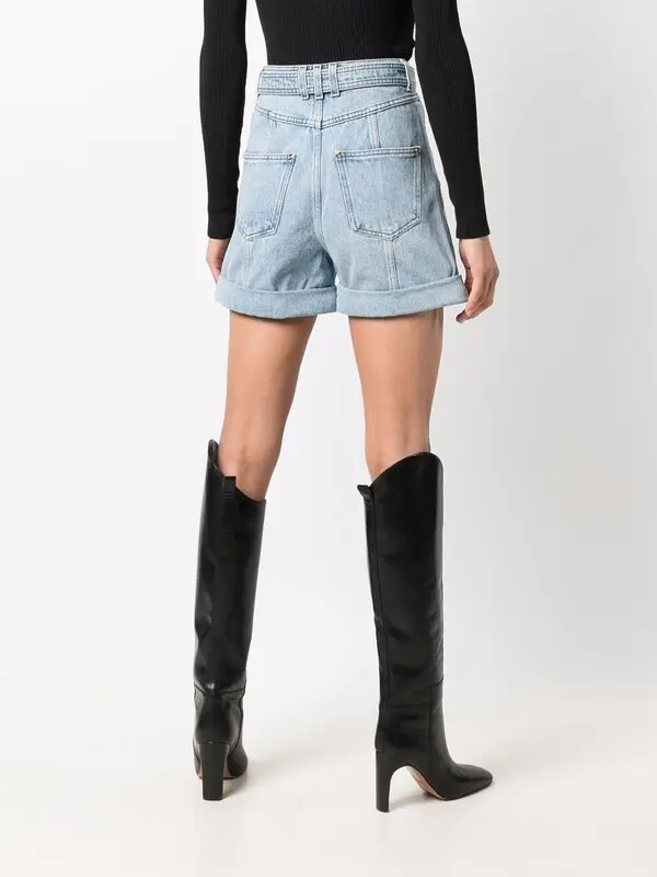 Balmain Belted High-waisted Pleated Denim Shorts