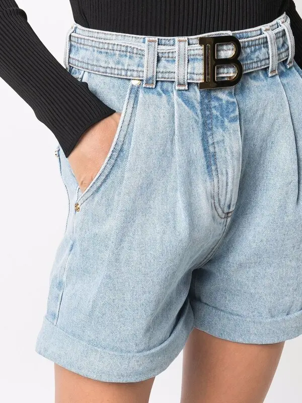 Balmain Belted High-waisted Pleated Denim Shorts