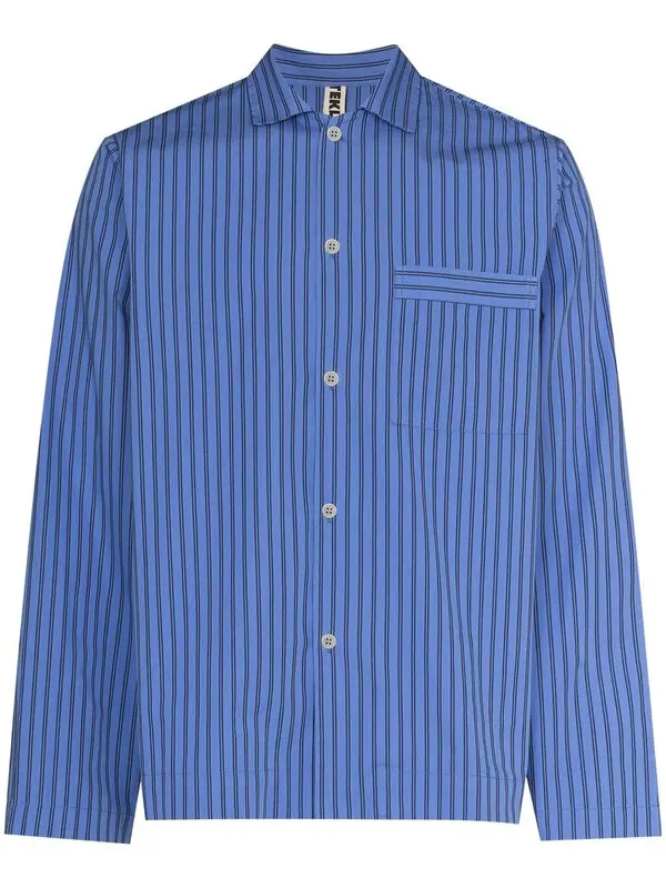 TEKLA Striped Poplin Pajama Shirt - Blue