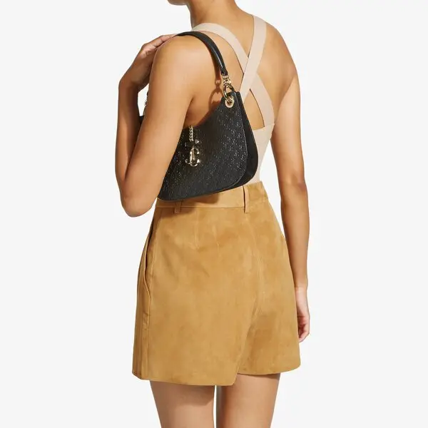 JIMMY CHOO Varenne Hobo S Black Calf Leather, Suede And Jc Monogram Pattern Hobo Handbag