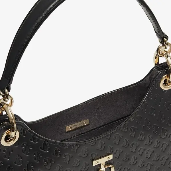 JIMMY CHOO Varenne Hobo S Black Calf Leather, Suede And Jc Monogram Pattern Hobo Handbag