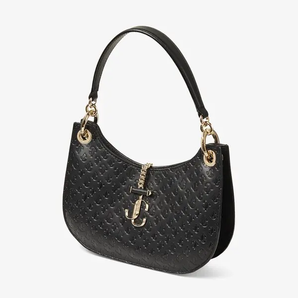 JIMMY CHOO Varenne Hobo S Black Calf Leather, Suede And Jc Monogram Pattern Hobo Handbag