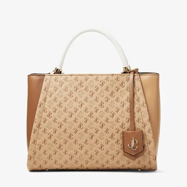 JIMMY CHOO Varenne Top Handle M Caramel Mix Jc Monogram Pattern Top Handle Bag With Leather Handle