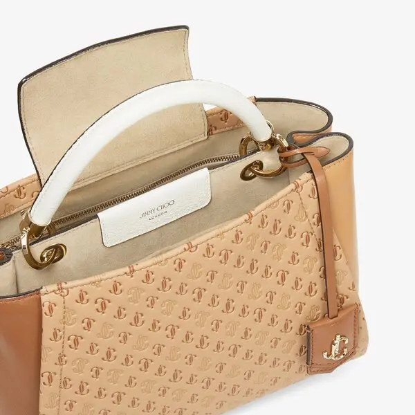 JIMMY CHOO Varenne Top Handle M Caramel Mix Jc Monogram Pattern Top Handle Bag With Leather Handle