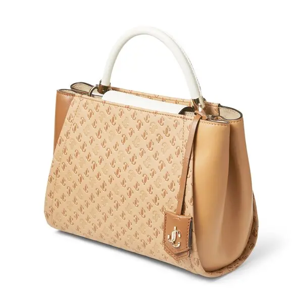 JIMMY CHOO Varenne Top Handle M Caramel Mix Jc Monogram Pattern Top Handle Bag With Leather Handle