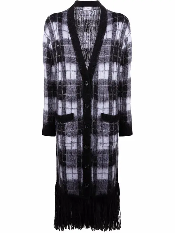 Red Valentino Check-print Cardigan With Fringe