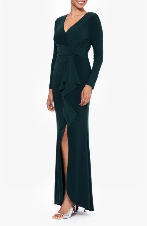 Betsy & Adam Cascade Ruffle Stretch Jersey Gown