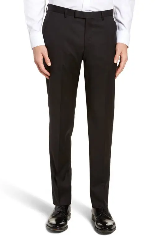 BOSS Lenon Cyl Flat Front Straight Leg Solid Wool Dress Pants - Black