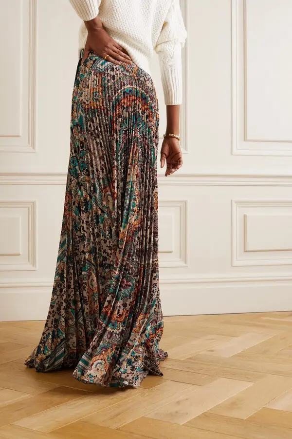 Etro Pleated Paisley-Print Crepe De Chine Maxi Skirt In Blue