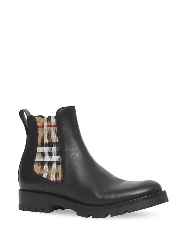 Burberry Check Panel Leather Chelsea Boots - Black
