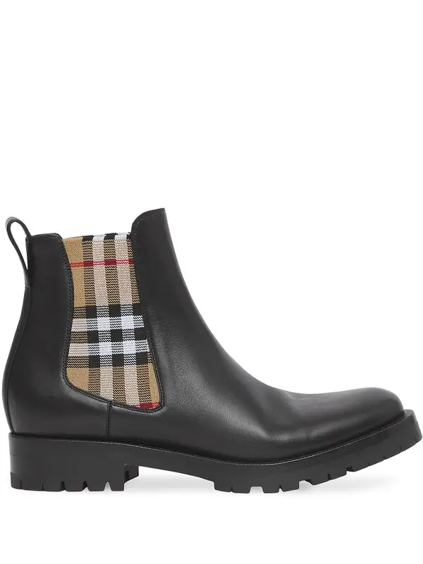 Burberry Check Panel Leather Chelsea Boots - Black