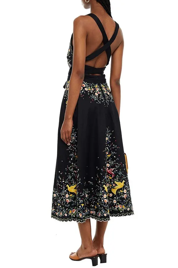 Zimmermann Carnaby Open-Back Embroidered Linen Midi Dress Size In Black -  40% Off | Editorialist