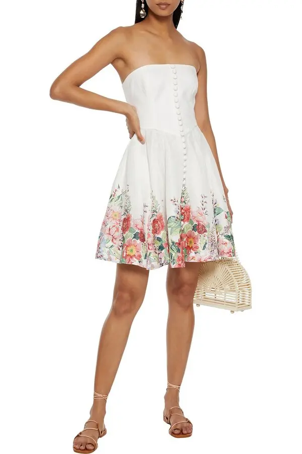 Zimmermann Bellitude Strapless Shirred Floral-Print Linen Mini Dress Size  In White - 45% Off | Editorialist