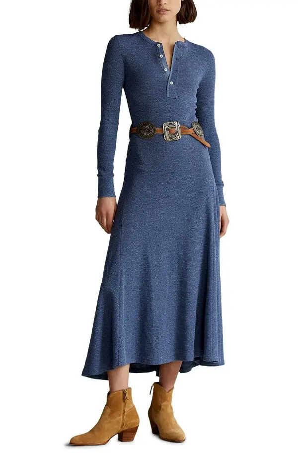 Ralph Lauren Long Sleeve Waffle Knit Maxi Dress In River Blue Heather - 48%  Off | Editorialist