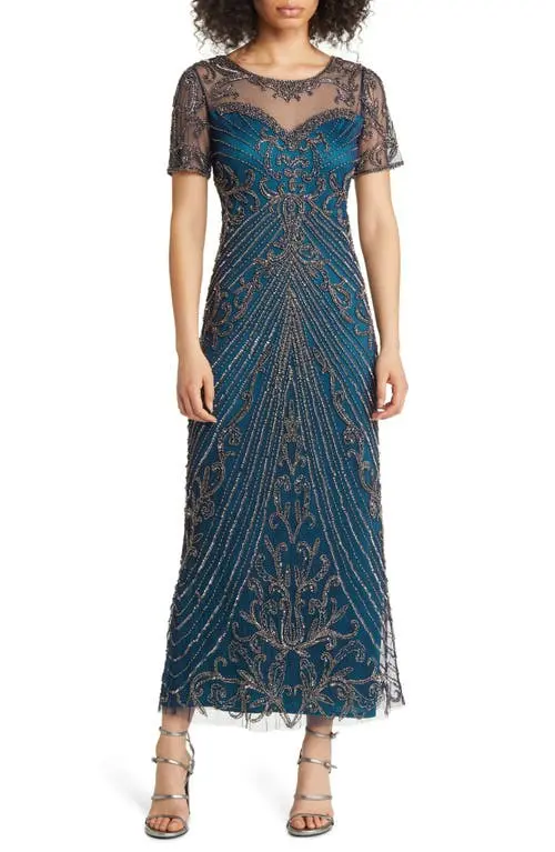 Pisarro Nights Illusion Beaded Mesh Column Gown - Cobalt
