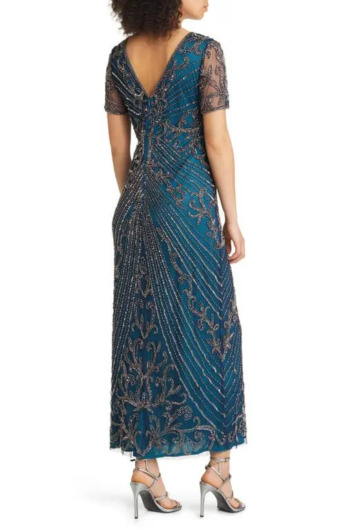 Pisarro Nights Illusion Beaded Mesh Column Gown - Cobalt