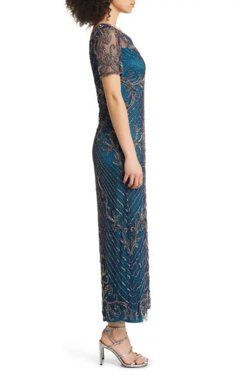 Pisarro Nights Illusion Beaded Mesh Column Gown - Cobalt