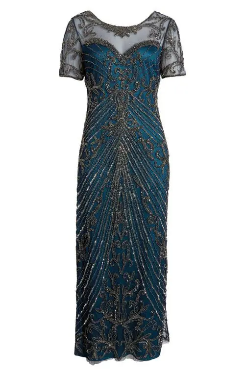 Pisarro Nights Illusion Beaded Mesh Column Gown - Cobalt