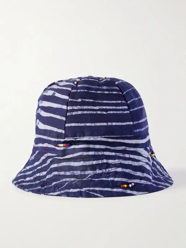 POST-IMPERIAL Beaded Striped Cotton Bucket Hat - Blue