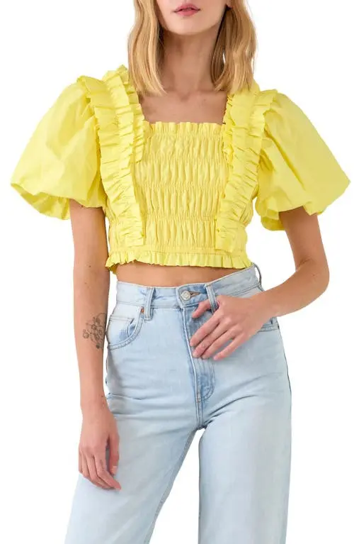 English Factory Shirred Bodice Puff Sleeve Crop Top