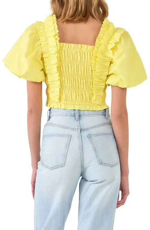 English Factory Shirred Bodice Puff Sleeve Crop Top