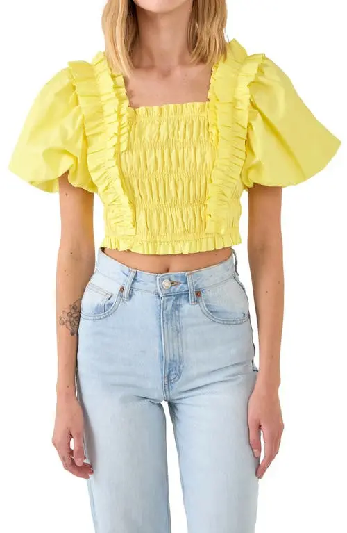 English Factory Shirred Bodice Puff Sleeve Crop Top