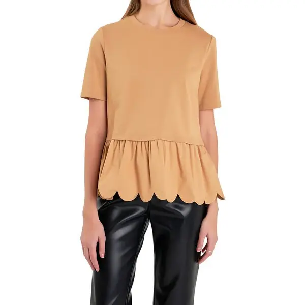 English Factory Mixed Media Scallop Peplum Top - Tan