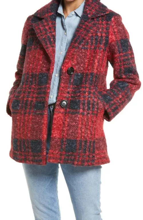 Sam Edelman Plaid Bouclé Coat - Red/charcoal Plaid