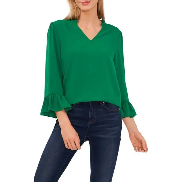 CECE DUPRAZ Ruffle Cuff Crepe Top - Green