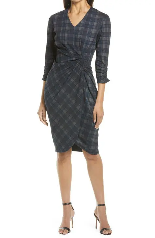 Tahari Plaid V-neck Sheath Dress