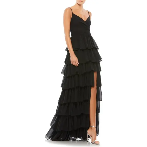 Mac Duggal Tiered Ruffle Empire Waist Chiffon Gown - Black | Editorialist