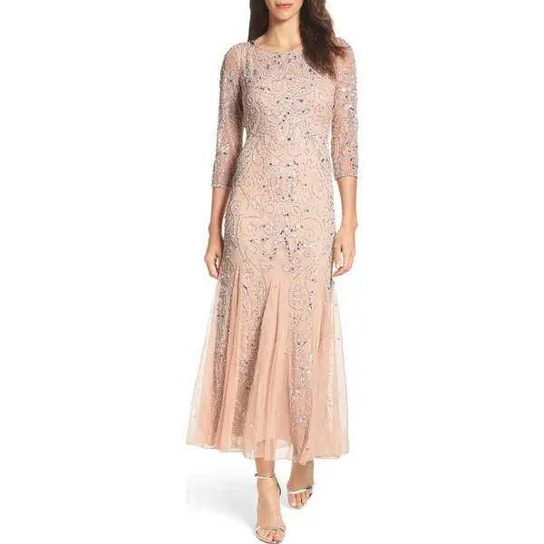 Pisarro Nights Illusion Sleeve Beaded A-line Gown - Blush