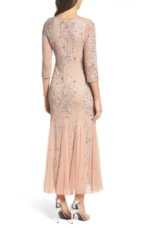 Pisarro Nights Illusion Sleeve Beaded A-line Gown - Blush