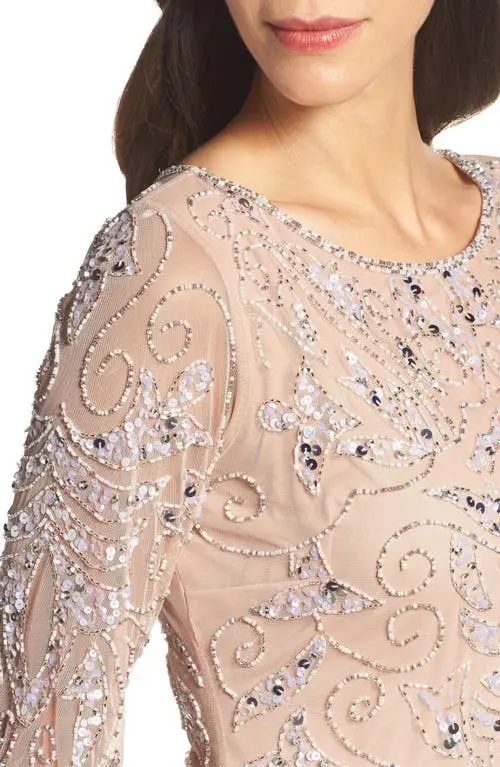 Pisarro Nights Illusion Sleeve Beaded A-line Gown - Blush