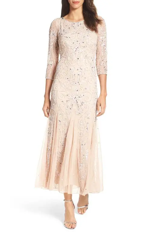 Pisarro Nights Illusion Sleeve Beaded A-line Gown - Blush