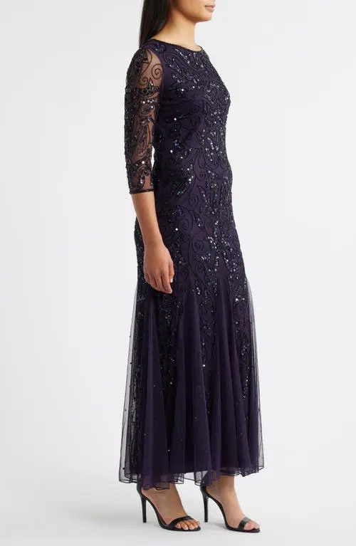 Pisarro Nights Illusion Sleeve Beaded A-line Gown - Deep Purpl 505