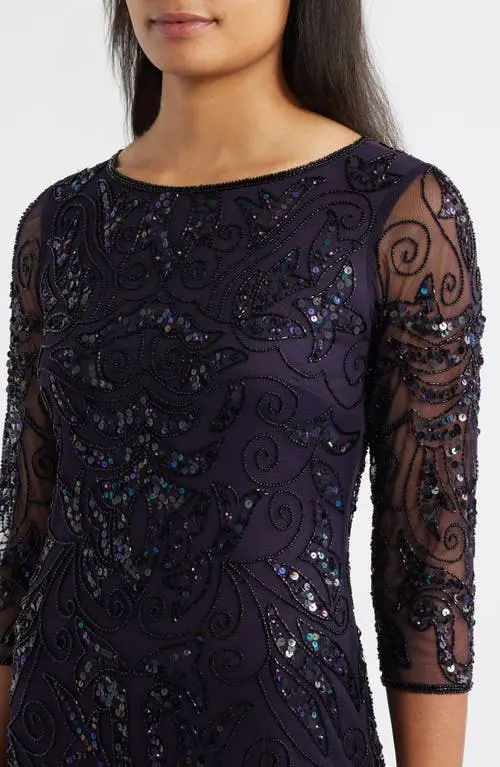 Pisarro Nights Illusion Sleeve Beaded A-line Gown - Deep Purpl 505