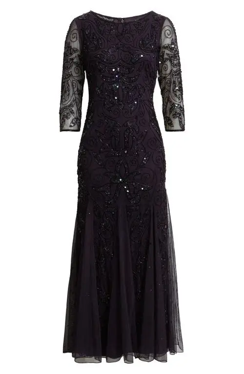 Pisarro Nights Illusion Sleeve Beaded A-line Gown - Deep Purpl 505