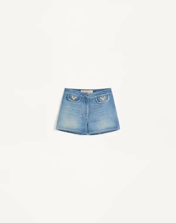 Valentino Garavani Denim Shorts With Floral Pocket Detail - Blue