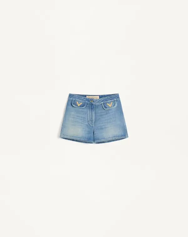 Valentino Garavani Denim Shorts With Floral Pocket Detail - Blue