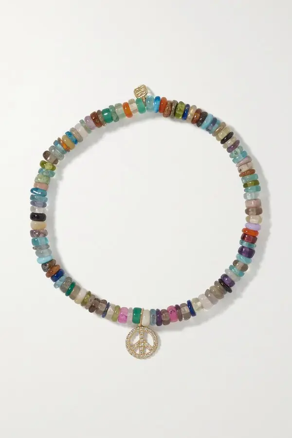SYDNEY EVAN Mini Peace Sign Diamond And Bead Bracelet - Gold