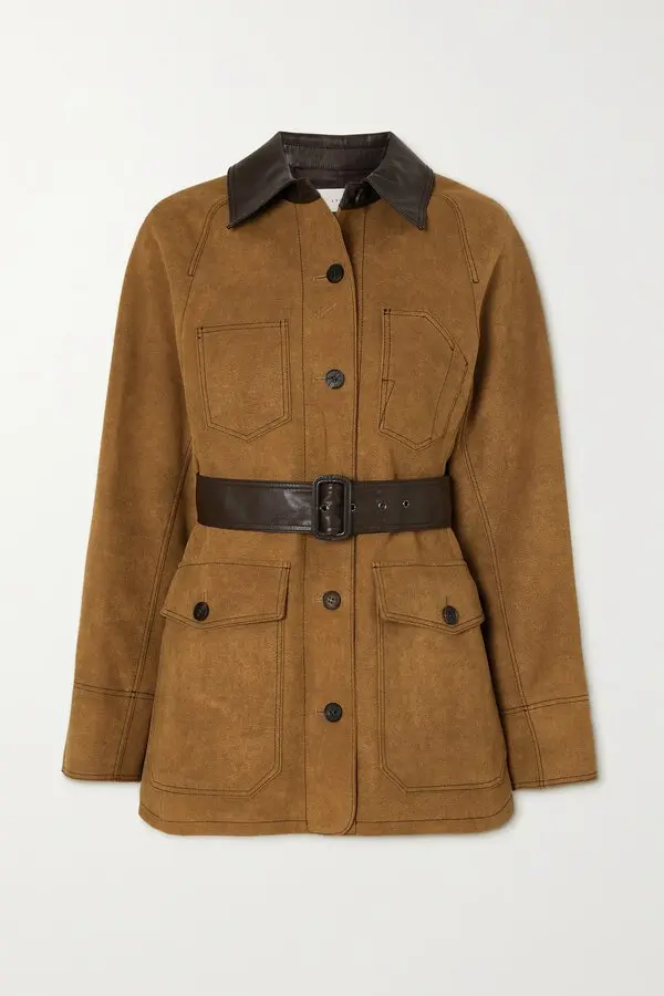 Lvir Belted Faux Leather-trimmed Faux Suede Jacket