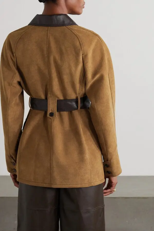 Lvir Belted Faux Leather-trimmed Faux Suede Jacket