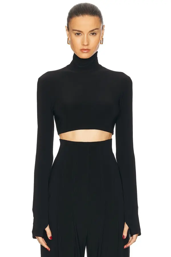 Norma Kamali Cropped Slim Fit Long Sleeve Turtleneck Top