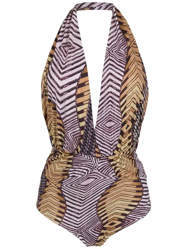 AMIR SLAMA Printed Halterneck Swimsuit - Brown