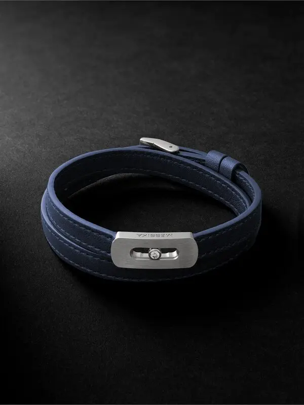 Messika My Move Brushed-titanium, Leather And Diamond Bracelet - Blue
