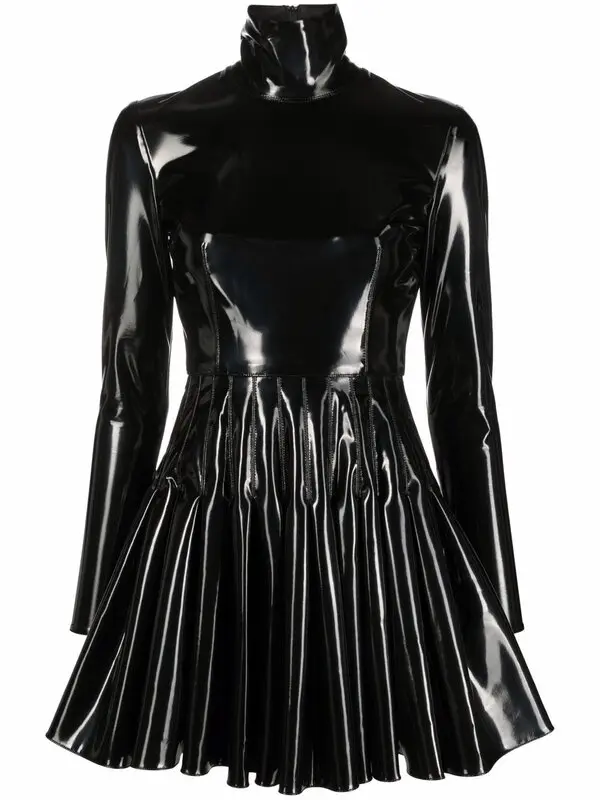 knee length dresses for ladies Faux Leather and Mesh Mock Neck Mini Dress – bebe main image 0